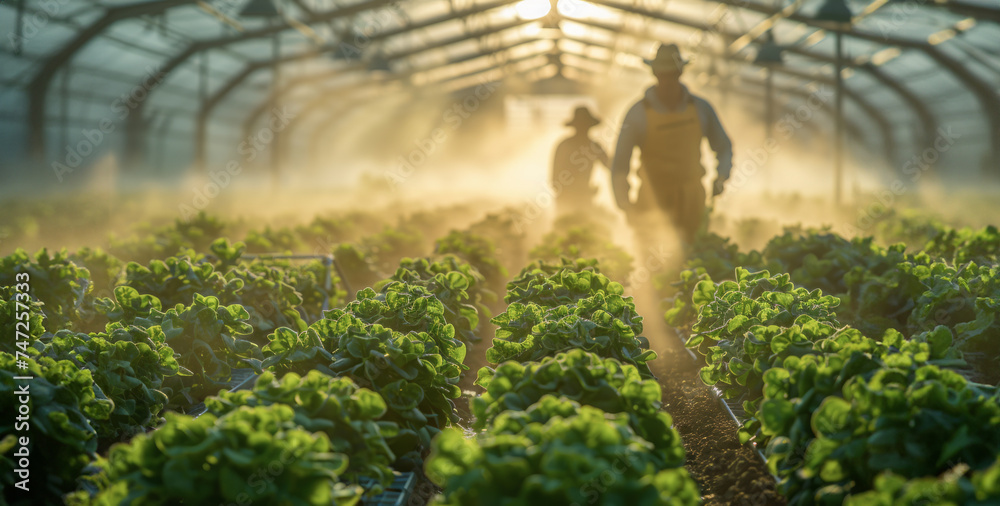 Early morning sunlight filtering through a misty hydroponic greenhouse ...