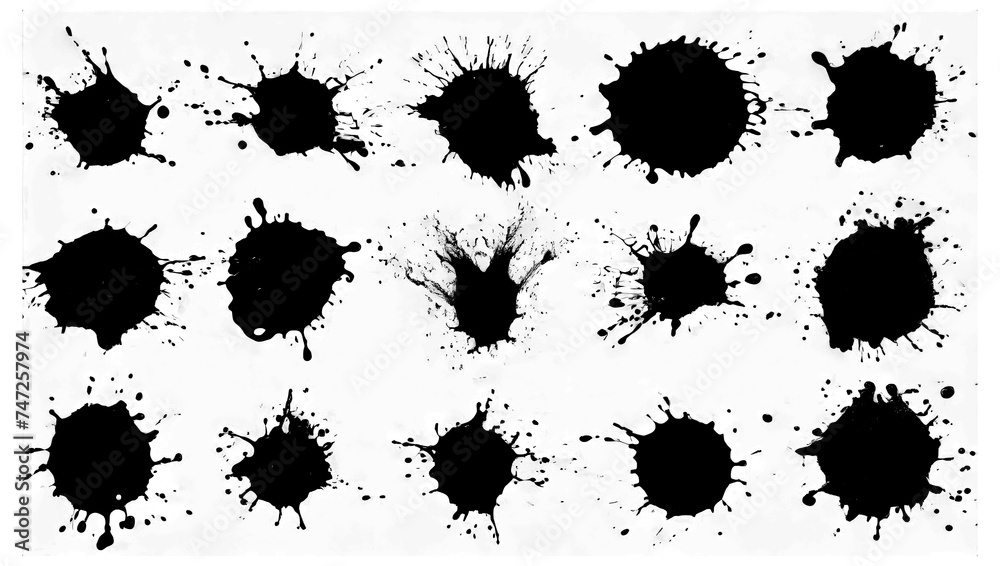 set collection of black ink Splatter, black paint, ink brush strokes ...