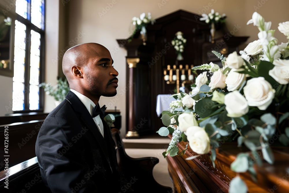 Funeral. A man stands at the coffin, saying goodbye to a loved one. A ...