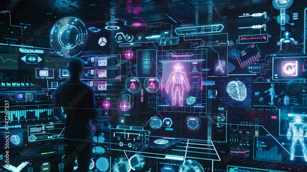 Futuristic medical illustration of human skeleton in blue background ...