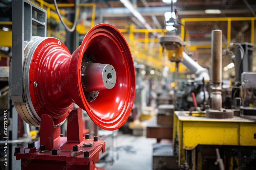Industrial scene featuring a siren horn on a factory wall amidst ...