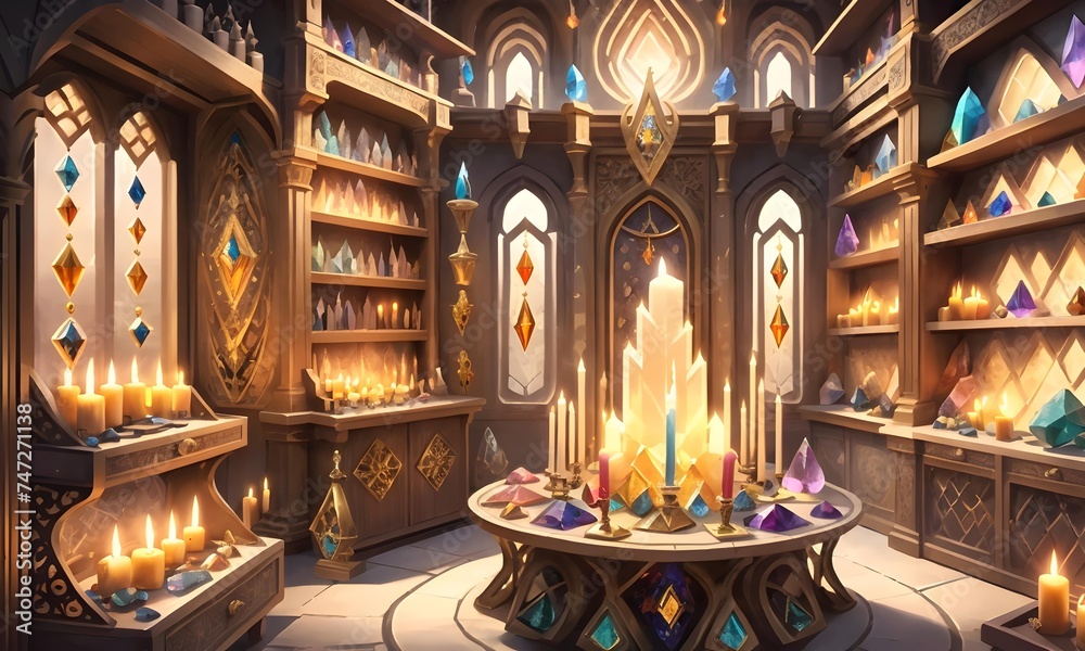 Mysterious alchemy room shimmering with magical gems. Amulets concept ...
