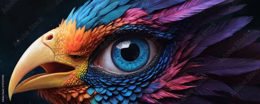 Bird head, beak, and eye form a symphony color against its vivid ...