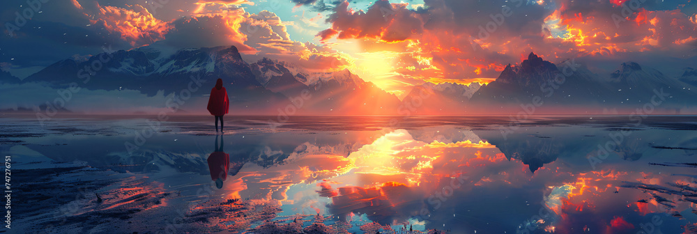 Solitary figure observing a surreal mountain sunset reflection. Digital ...