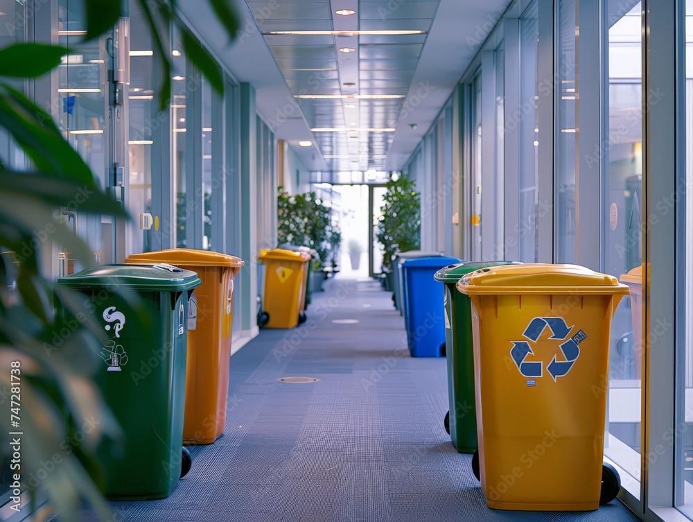 Three separate recycling bins labeled for plastic, paper, and glass in ...