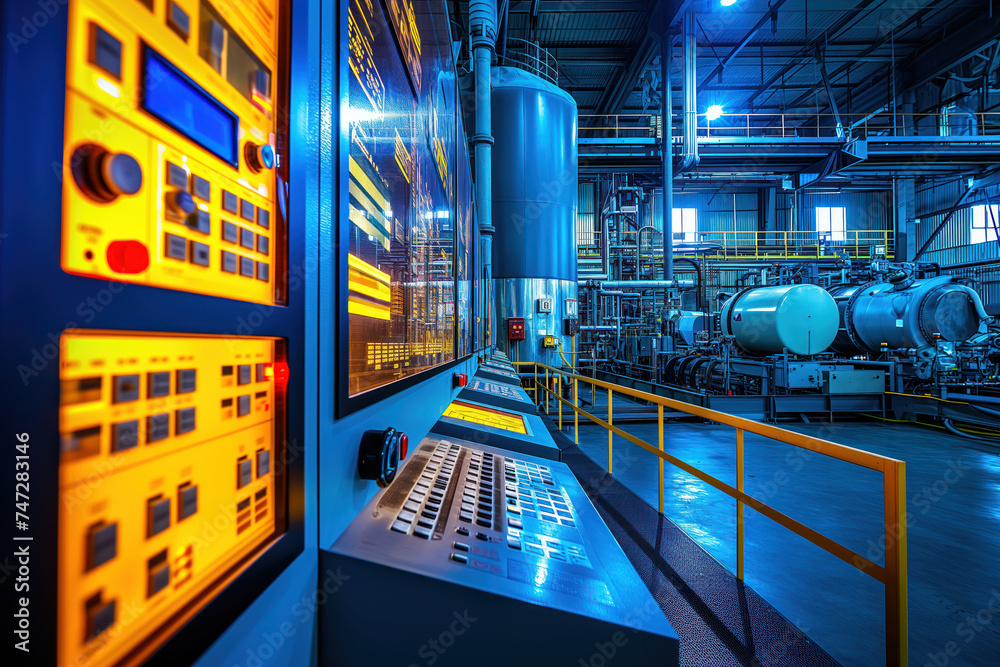 Industrial pipeline power plants, inside control room, technician ...