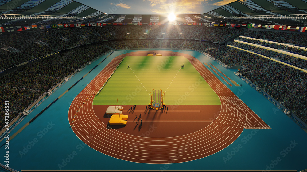 3D render of sport stadium filled with spectators, workers showcasing ...