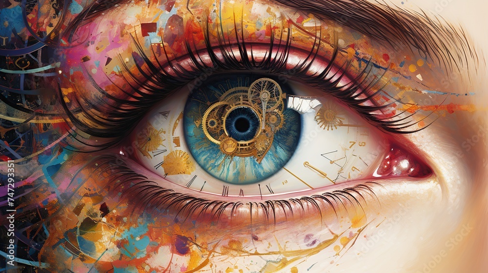 Vibrant digital artwork of a human eye with intricate steampunk ...