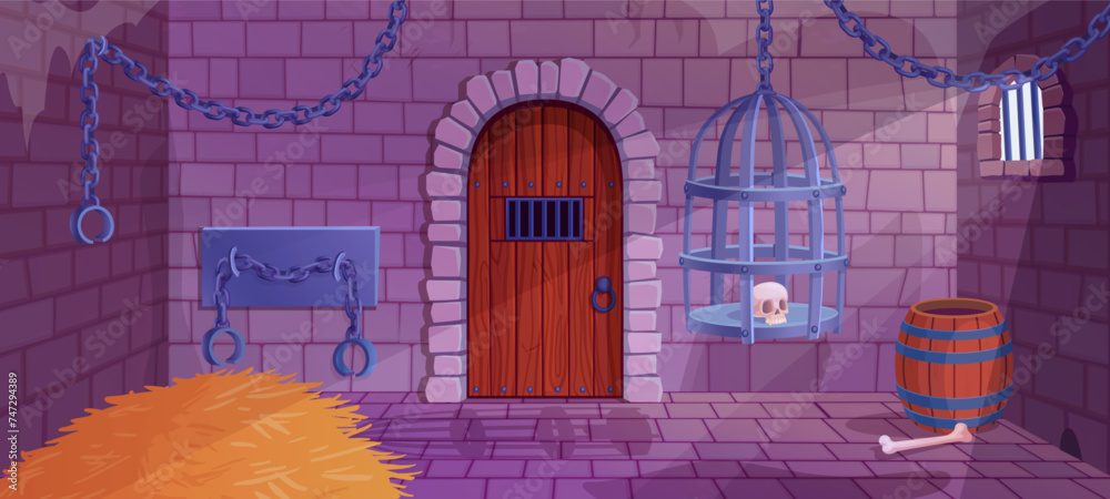 Medieval prison. Cartoon donjon cell interior, fort dungeon jail chain ...