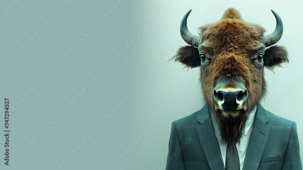a bison wearing a suit with a tie on a plain white background on the ...
