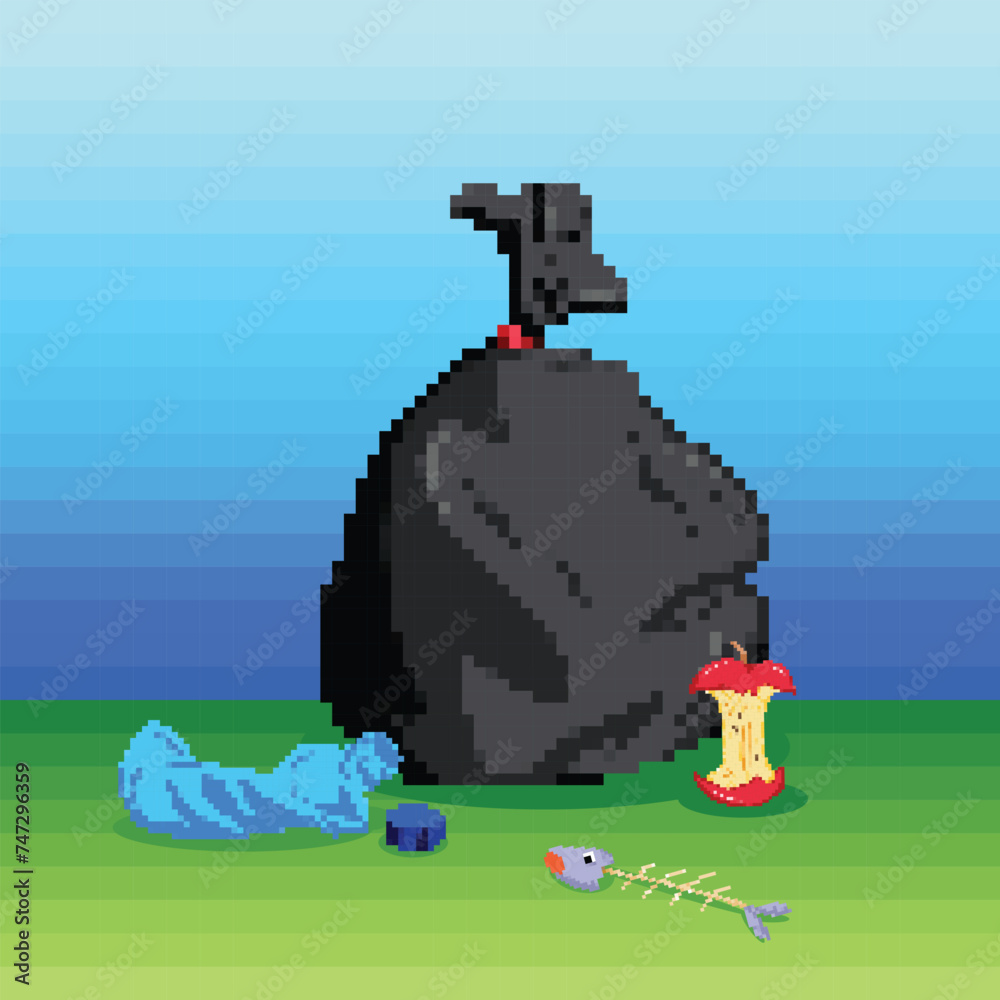 Trashes garbage junks on sky and grass background. Trash bag, apple ...