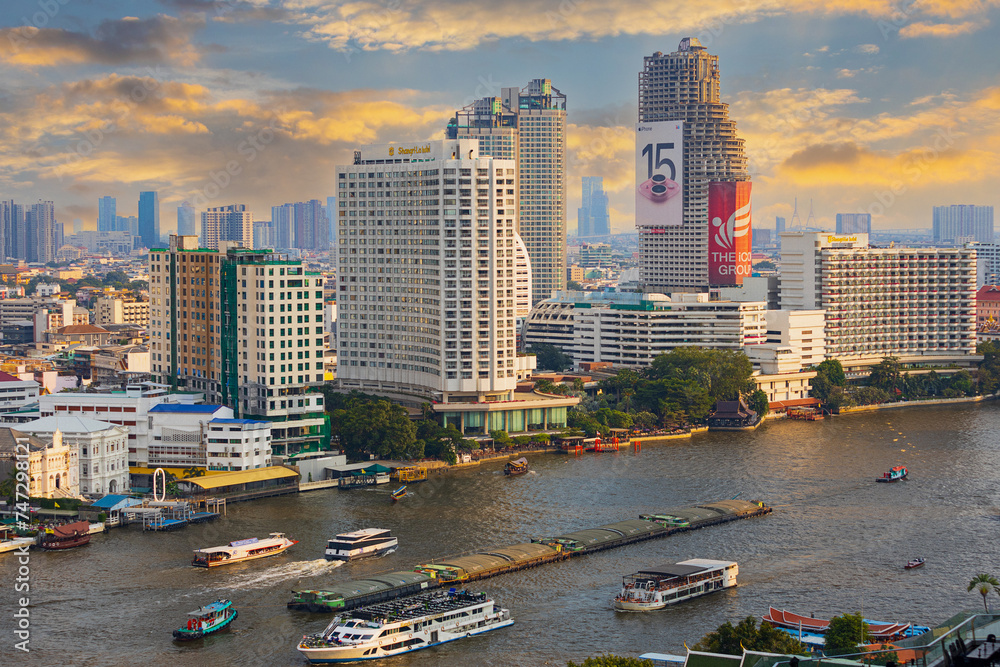 Bangkok, Thailand - 30 December, 2023: Top view of busy river traffic ...