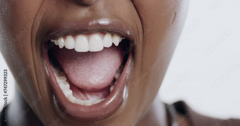 Shouting, mouth and closeup of woman in a studio with teeth for ...
