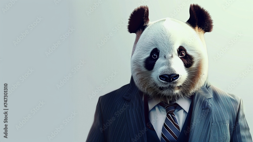 a giant panda wearing a suit with a tie on a plain white background on ...