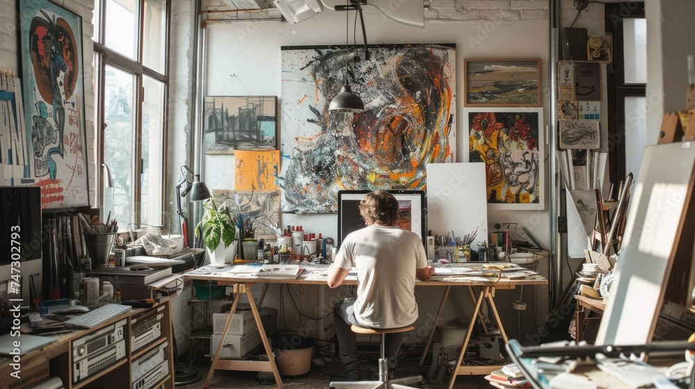 An artist sits at his desk in his studio, surrounded by his paintings ...
