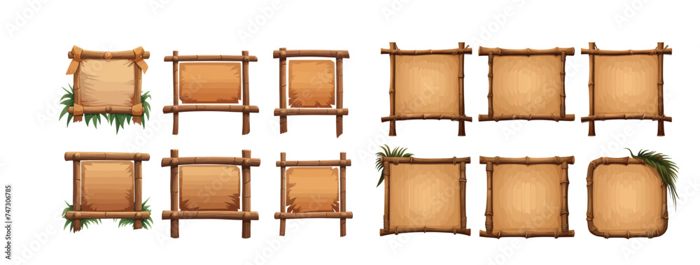Wooden bamboo sign board frame game ui vector set. Cartoon set of ...