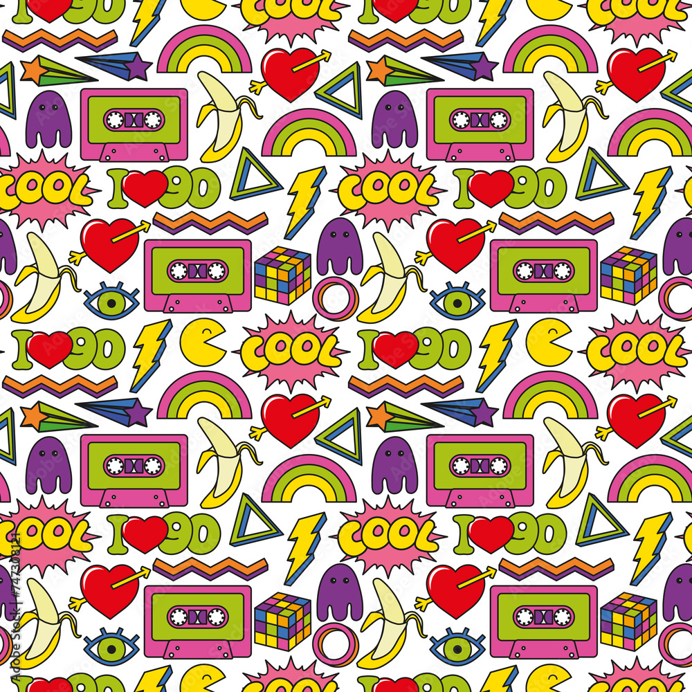 Seamless 90s symbol pattern. Vintage 80s seamless background. Funky ...