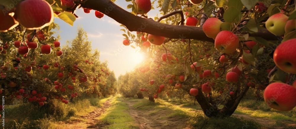 The sun shines through the dense canopy of apple trees in an orchard ...