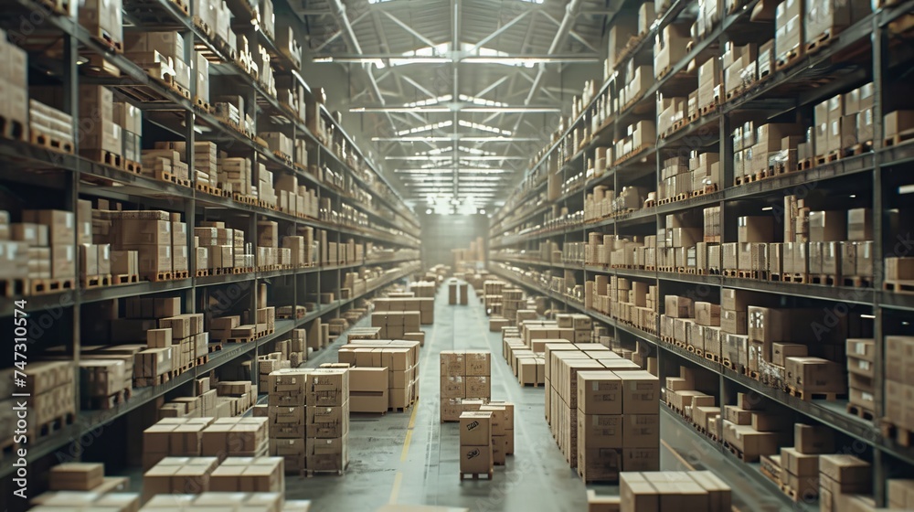 Interior of a spacious warehouse filled with cardboard boxes on shelves ...