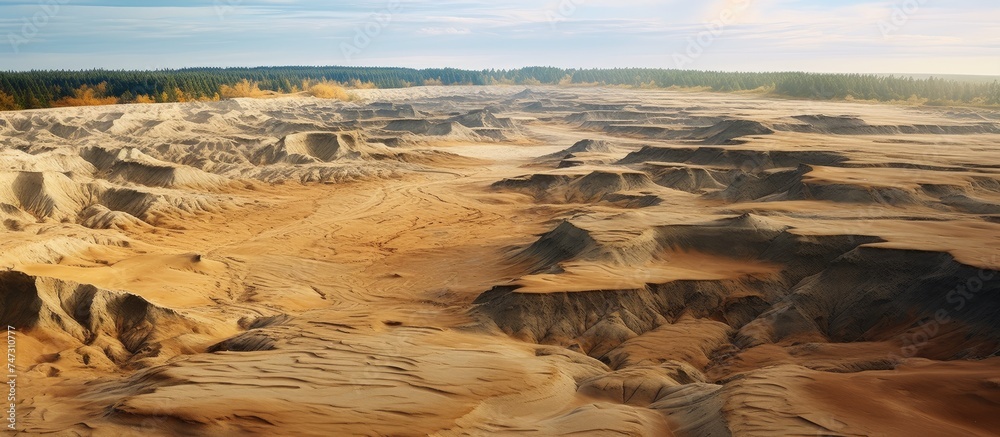 An aerial perspective of a barren landscape with sparse vegetation and ...