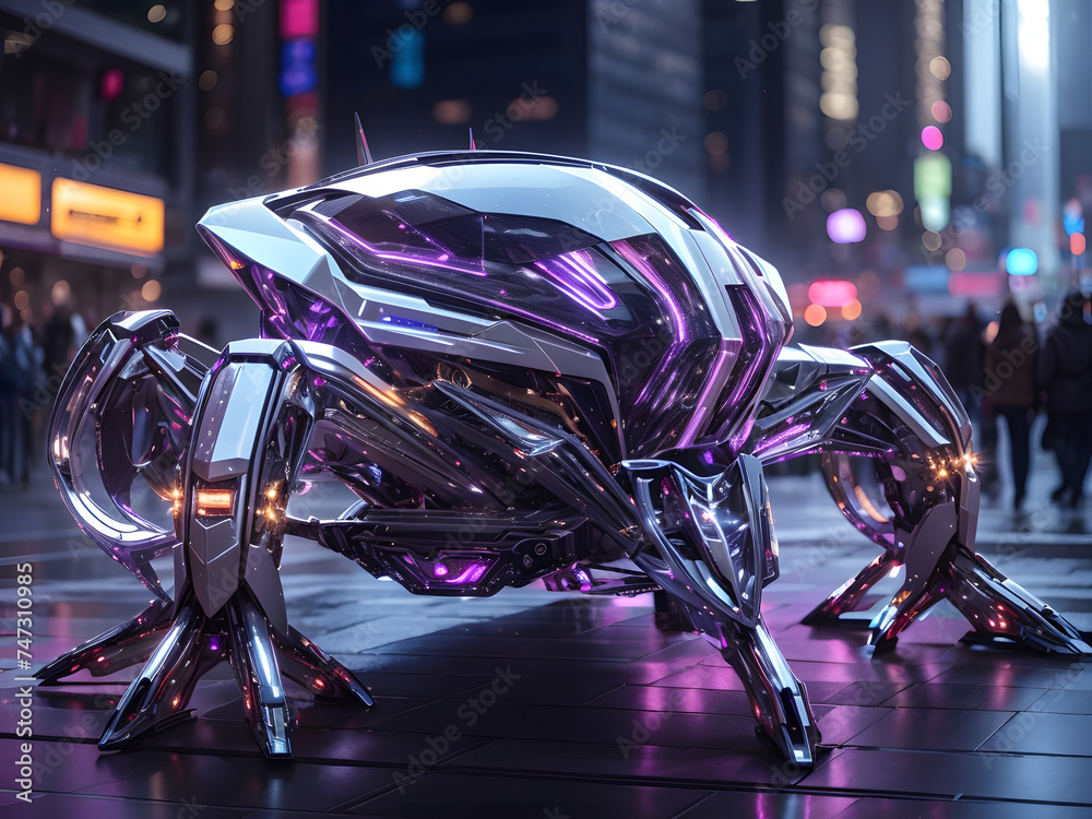 A transformative robot with spider-like legs settled in a city at night ...