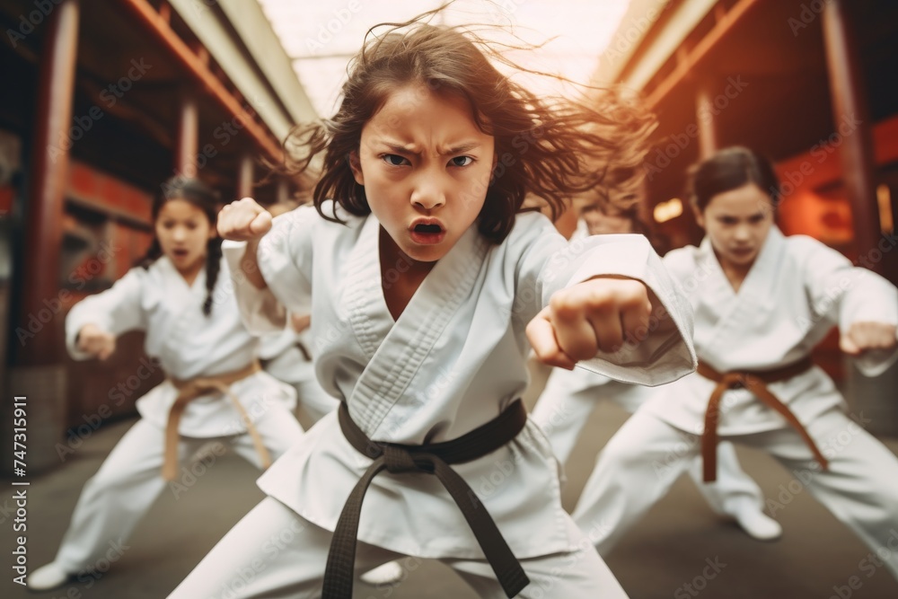 a student Girl in a karate class showcases her inner strength through a steely gaze and ...
