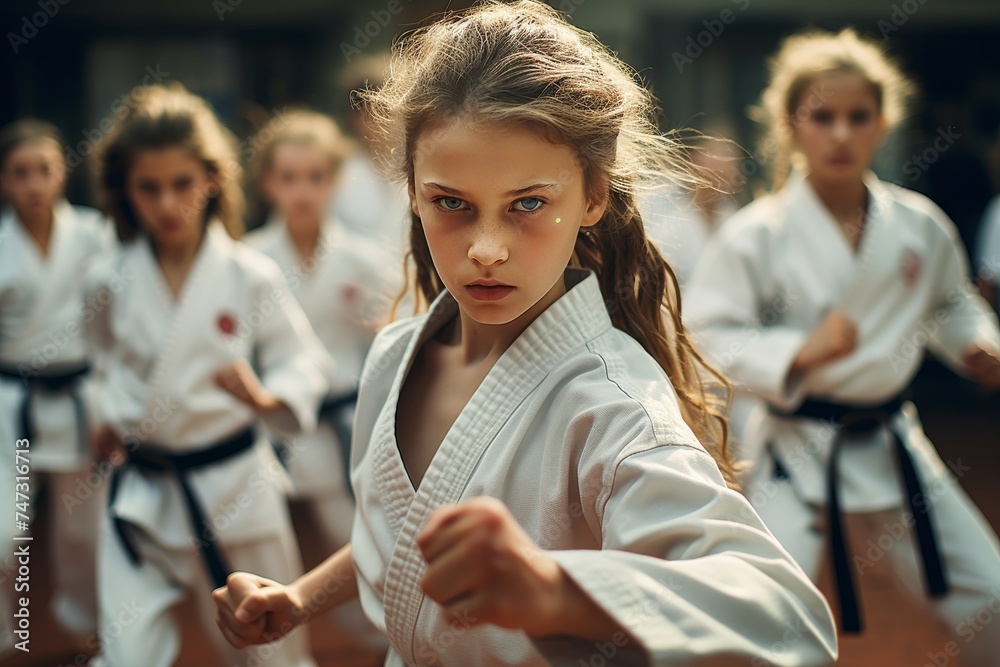 a student Girl in a karate class showcases her inner strength through a ...