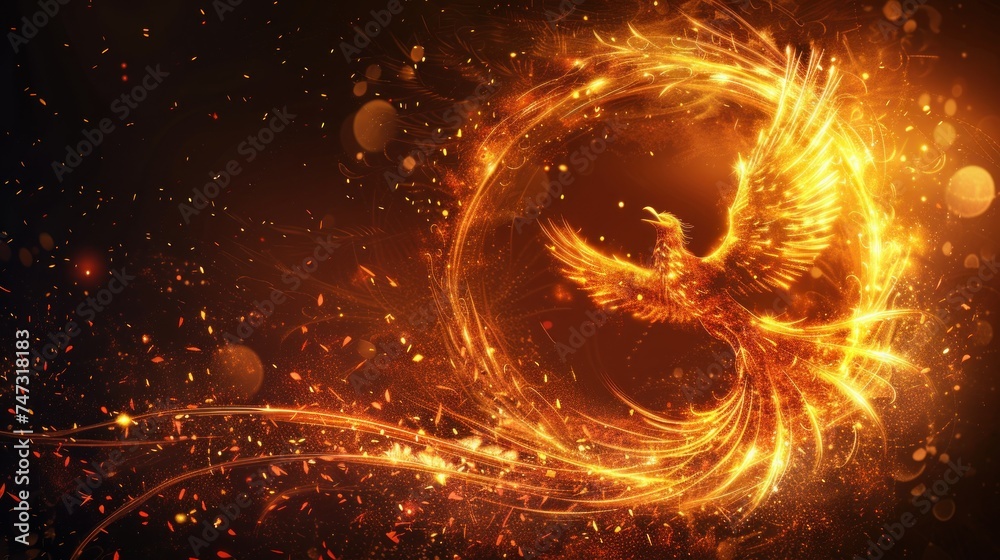 Flight of the Phoenix. Blaze of Fire Against Night Sky. With Wings ...