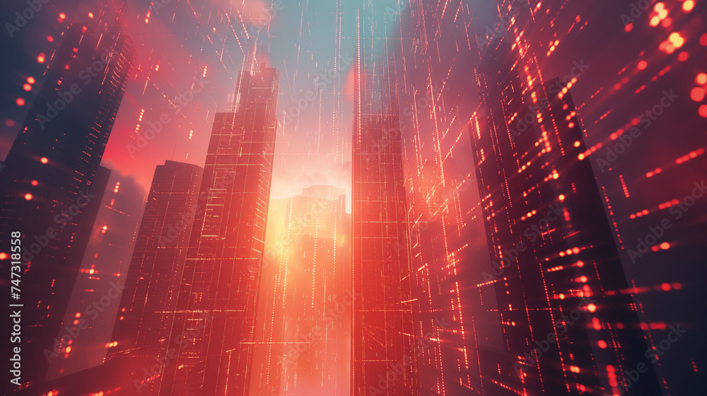 Abstract graphs and statistics in a modern city sky. Skyscrapers ...