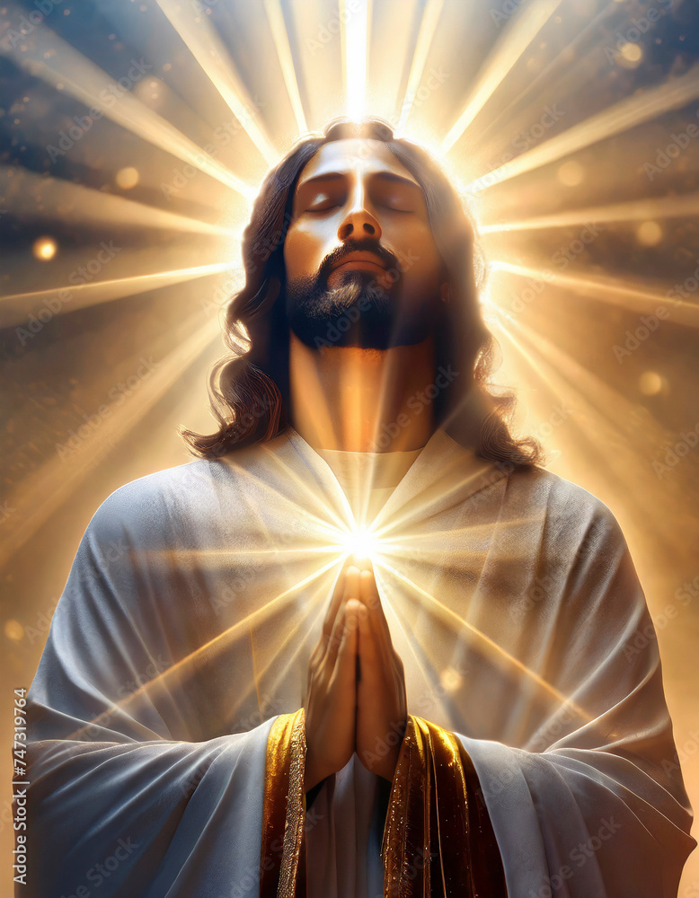 Jesus Christ with hands clasped in prayer over golden lights background ...