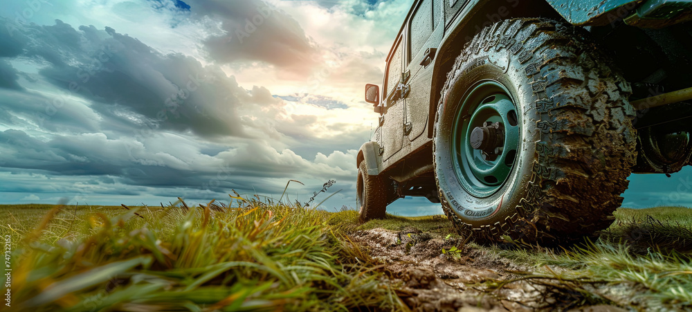A 4x4 vehicle is captured mid-adventure, offroad amidst a vast ...