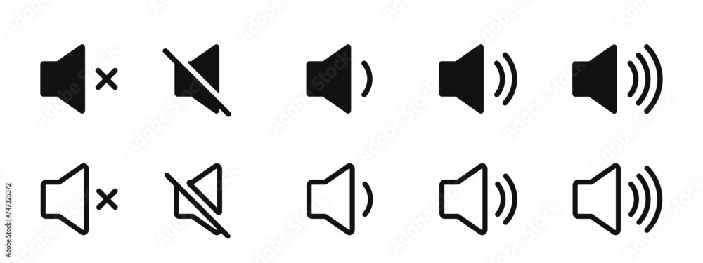 Sound volume icons set with different signal levels on white background. Аn icon that increases ...