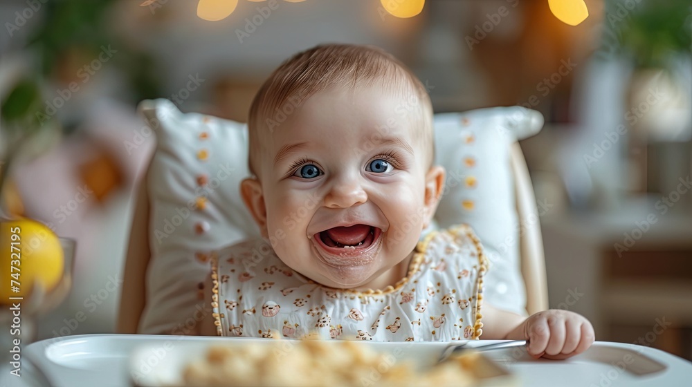 Curious baby learning to self feed, messy face covered in food, sitting ...