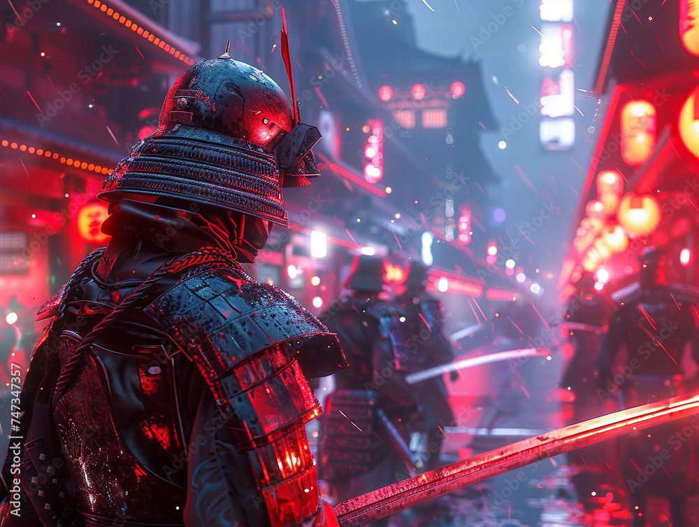 Samurais and ninjas blend with the neon backdrop of a futuristic city ...