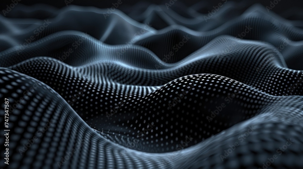 3D rendering of a dark, wavy surface. The surface is made up of small ...