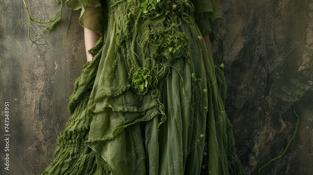 Green gown with intricate leafy designs, evoking a natural, organic ...