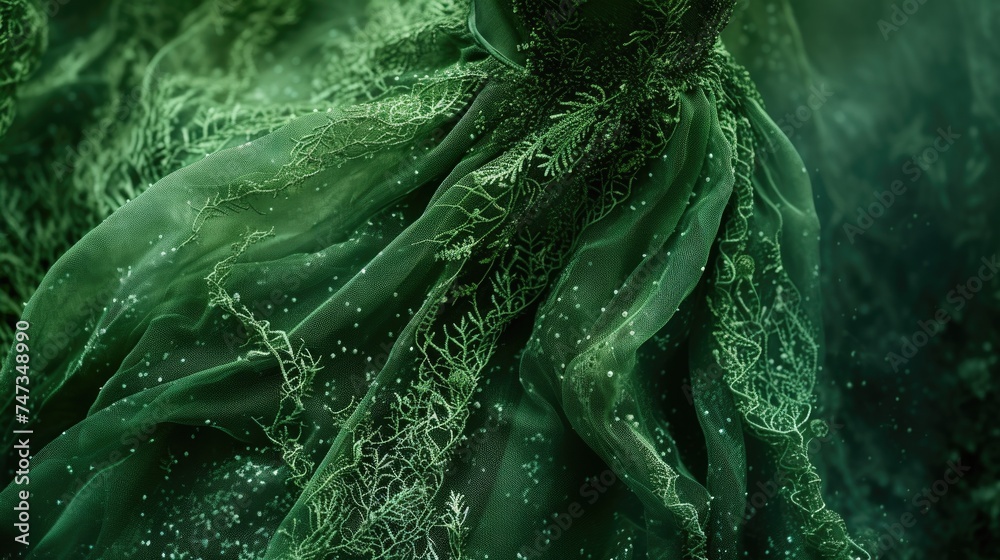 Green gown with intricate leafy designs, evoking a natural, organic ...