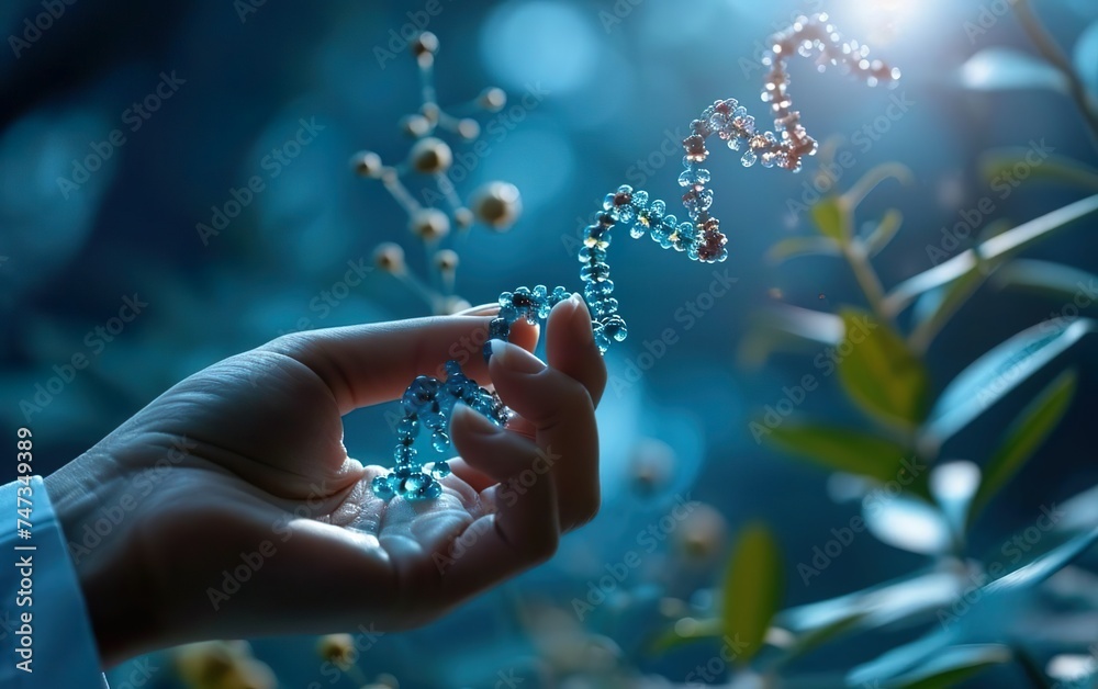 Female scientist hand holding DNA strain with hand. Modern genetic ...