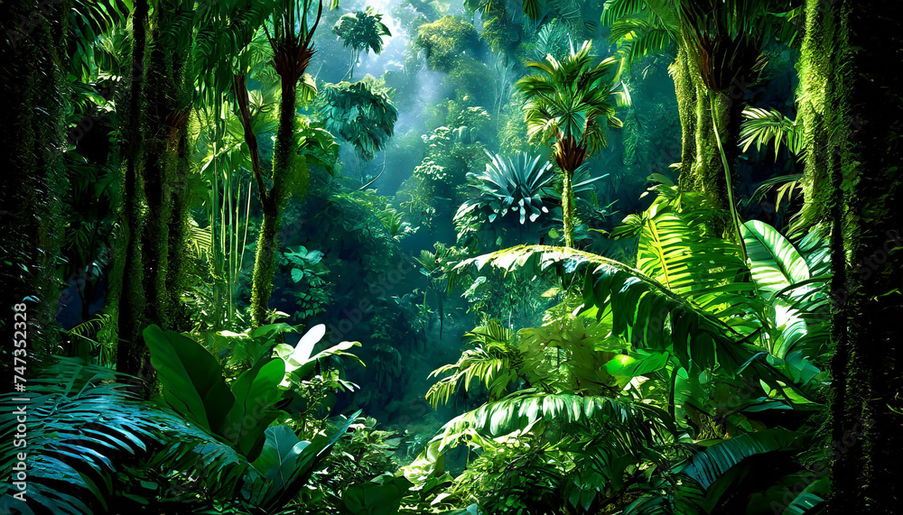 Deep tropical jungles. Dark rainforest, sun rays through the trees ...