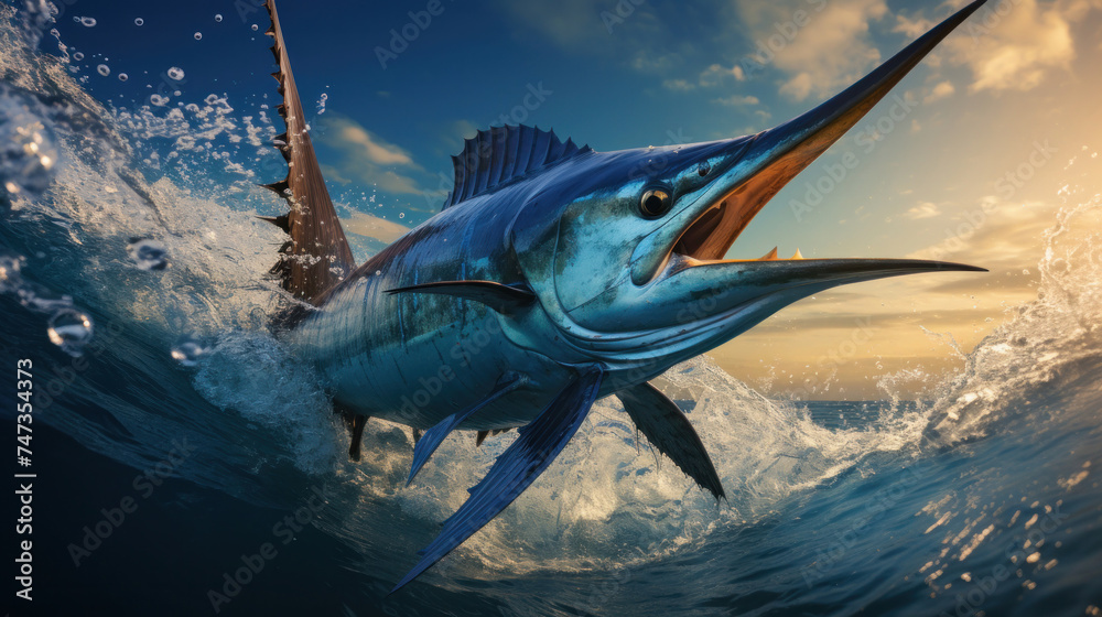 A big blue marlin swordfish jumping out of the ocean, sea animals ...