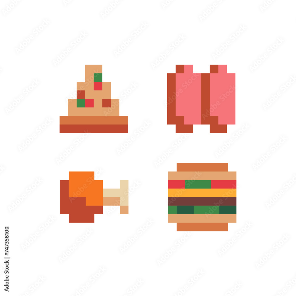 Fast food pixel art icons set, pizza, chicken leg, sausage, and ...