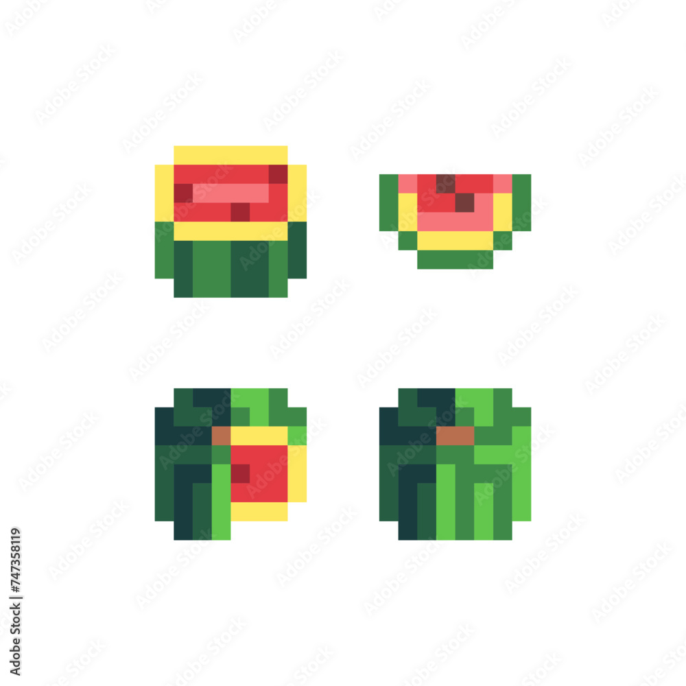 Watermelon in cut pixel art icon, fruit logo. Game assets 8-bit sprite ...