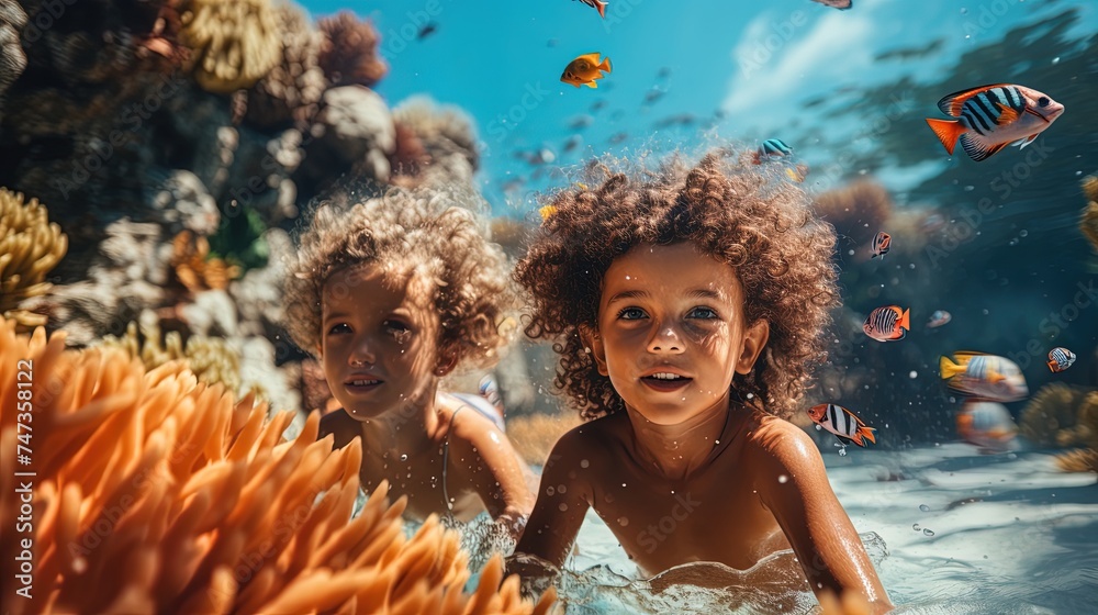 Joyful, smiling children swimming underwater with fishes in ocean or ...