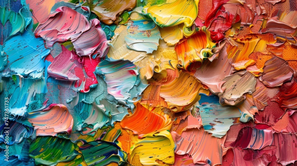 Macro perspective of a colorful, textural abstract painting showing the ...