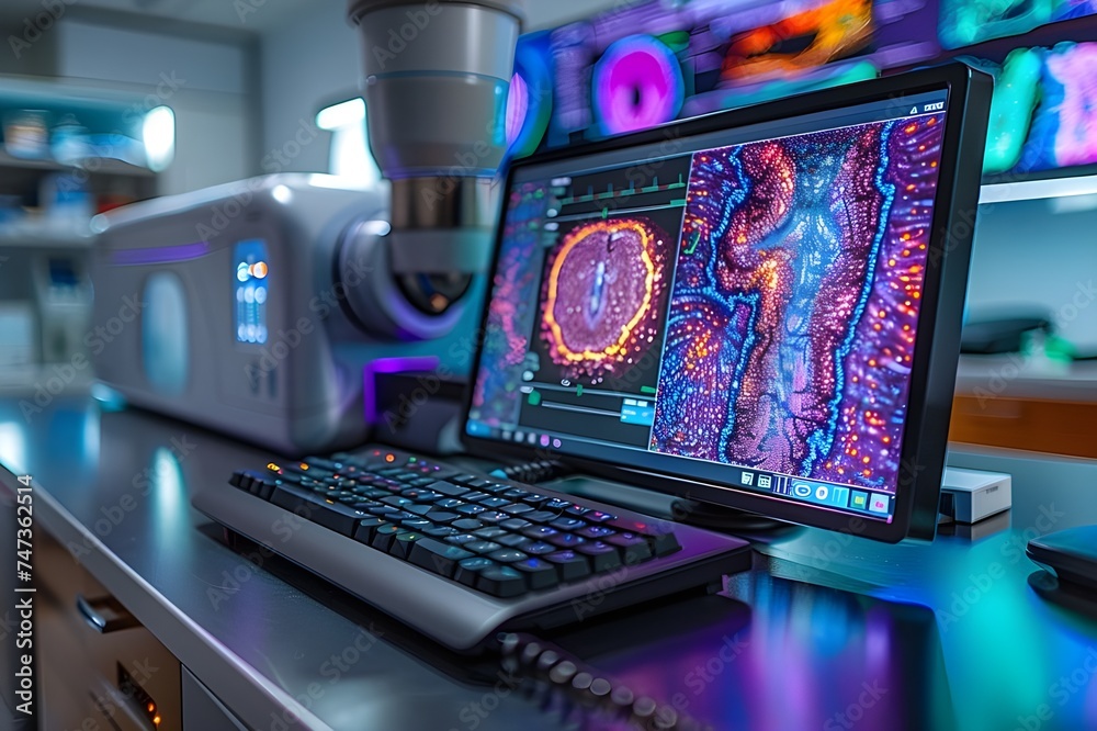 An MRI machine scanning through layers of tissue, displaying colorful ...