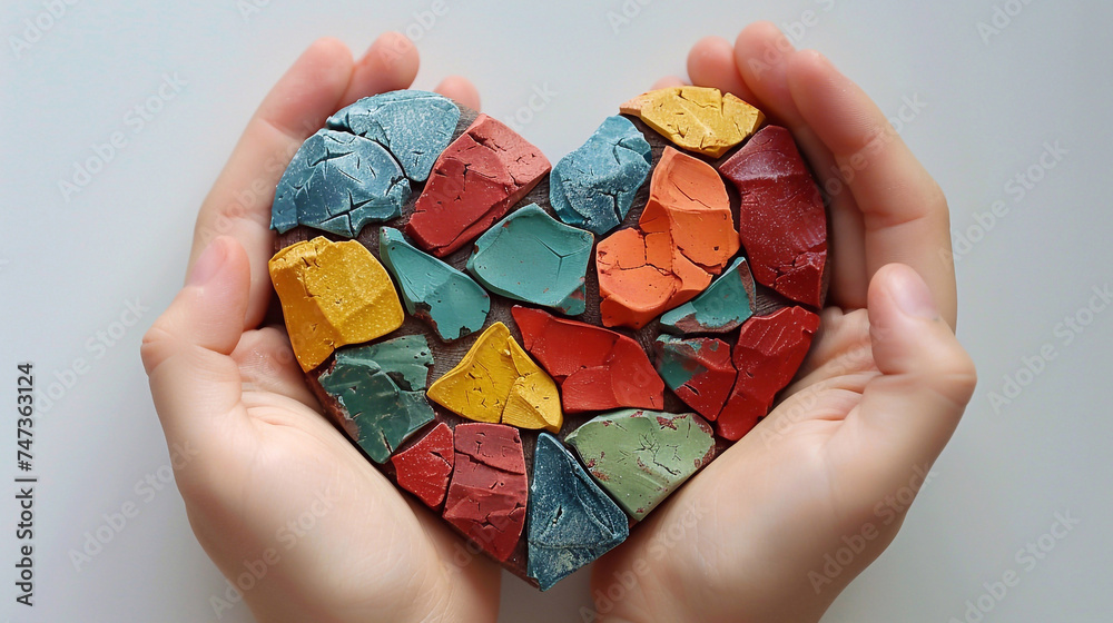 Child's hands holding a multicolored ball made up with puzzle pieces on ...