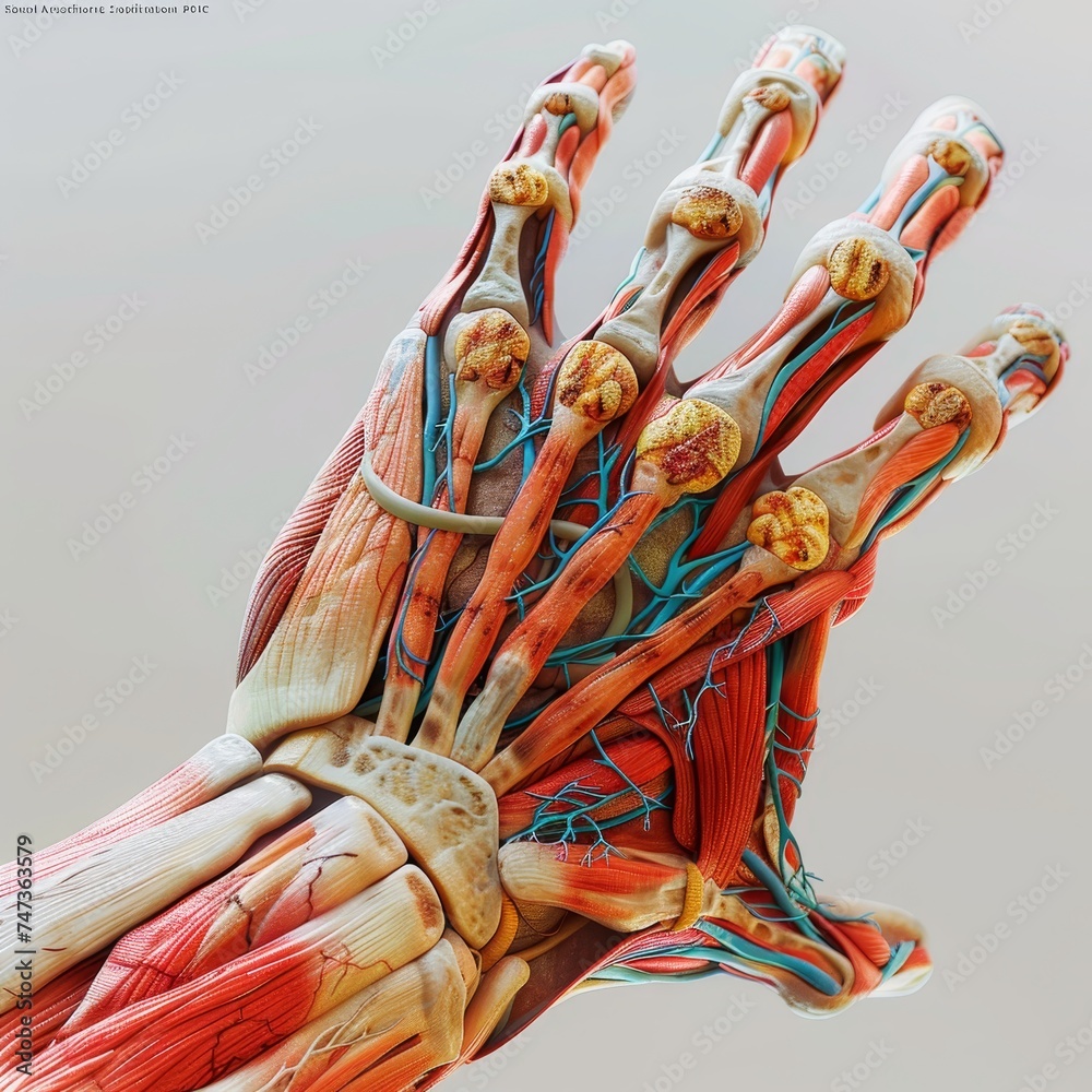 Anatomical model displaying the intricate musculature, tendons, and ...