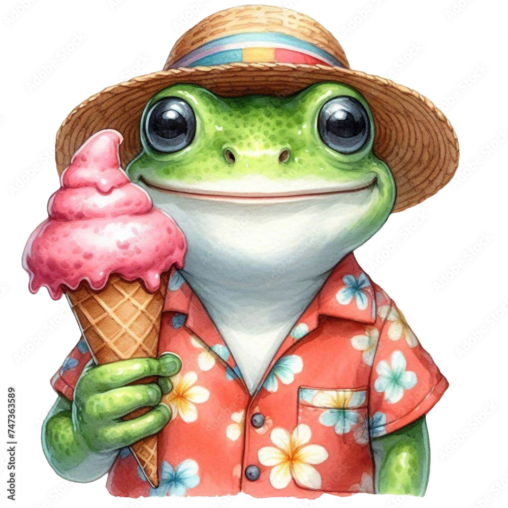 A frog is eating an ice cream while wearing a summer hat and Aloha ...