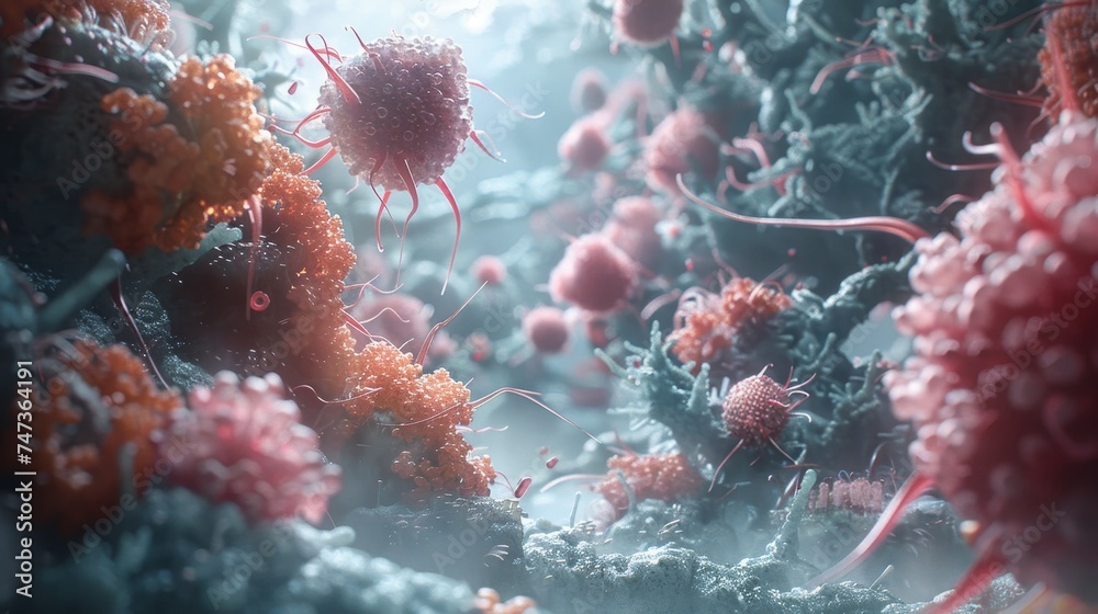 Artistic rendition of a viral outbreak, showcasing virus-like particles ...