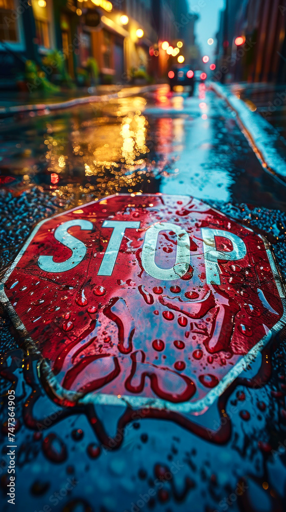 Wet stop sign with raindrops on a city street on a gloomy day, shallow ...